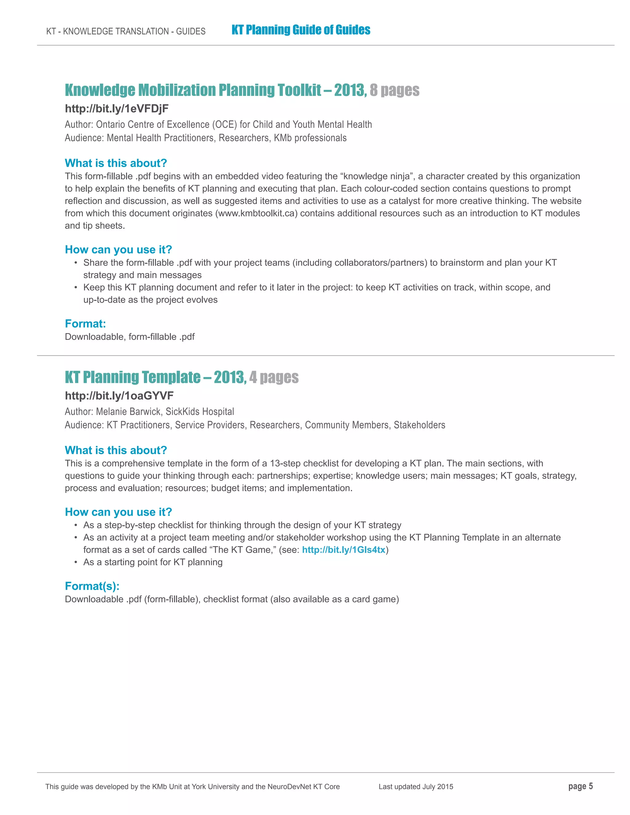 Knowledge Translation Planning Guide of Guides | PDF