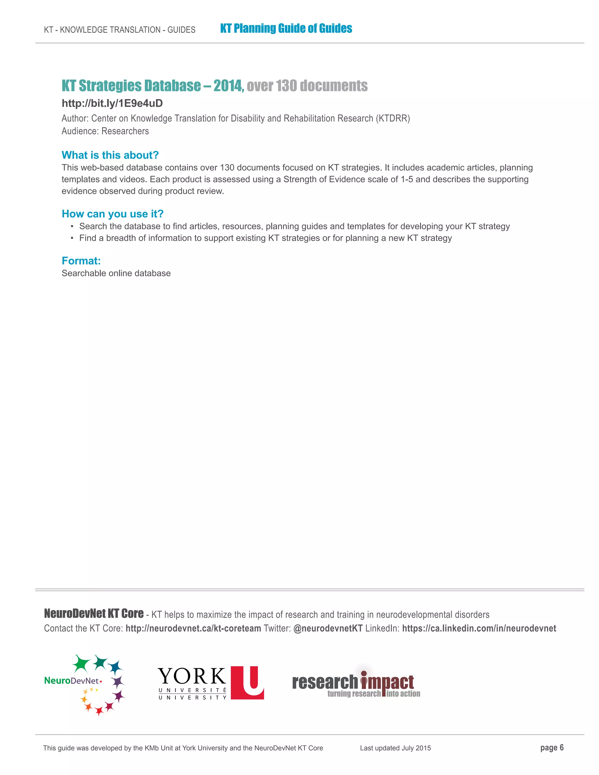 Knowledge Translation Planning Guide of Guides | PDF