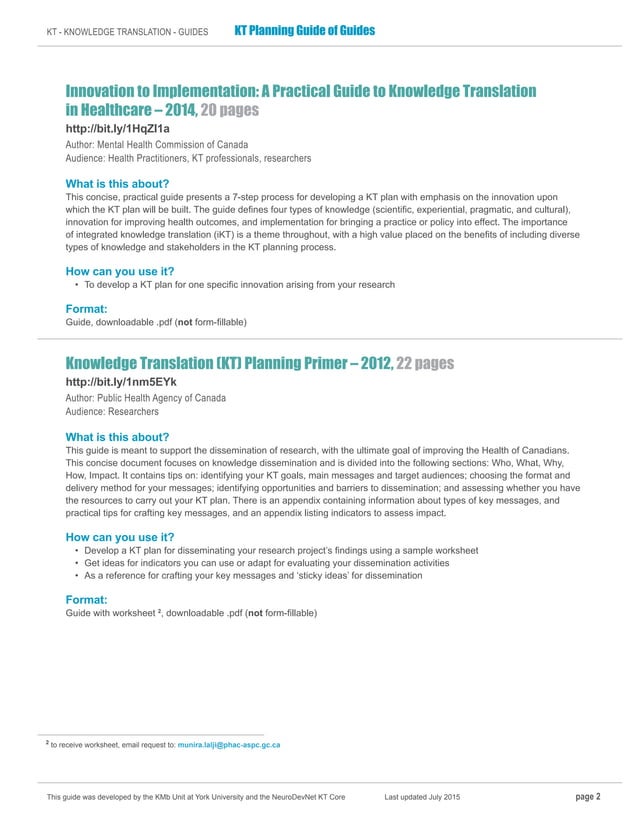 Knowledge Translation Planning Guide of Guides | PDF