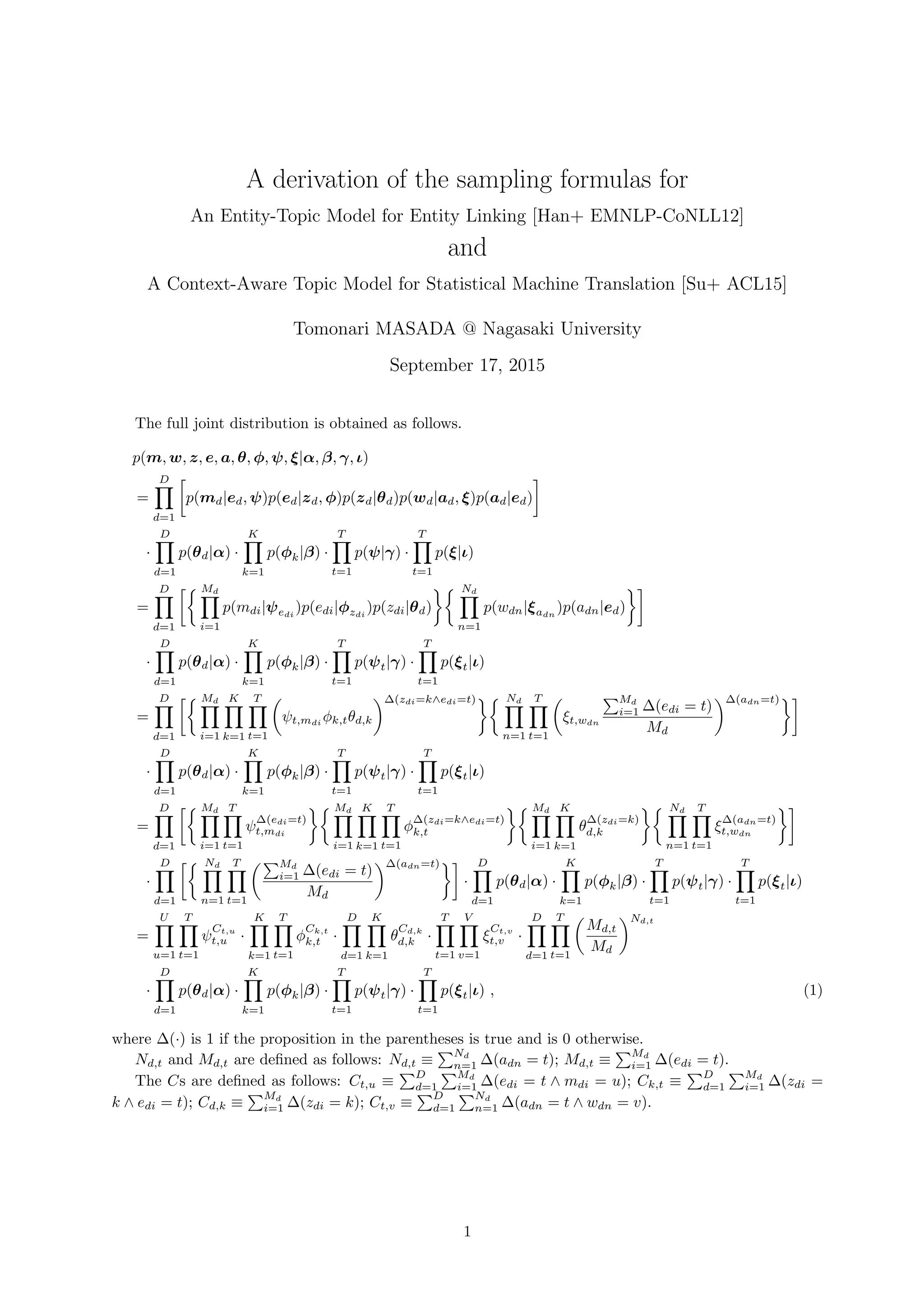 A Derivation Of The Sampling Formulas For An Entity Topic Model For Entity Linking Han Emnlp