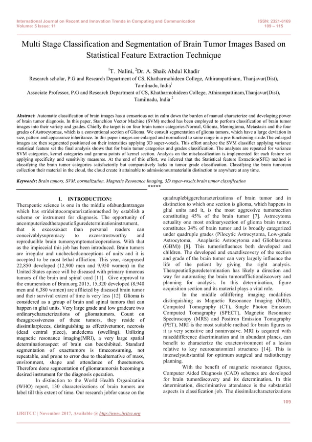 Multi Stage Classification and Segmentation of Brain Tumor Images Based on Statistical Feature ...