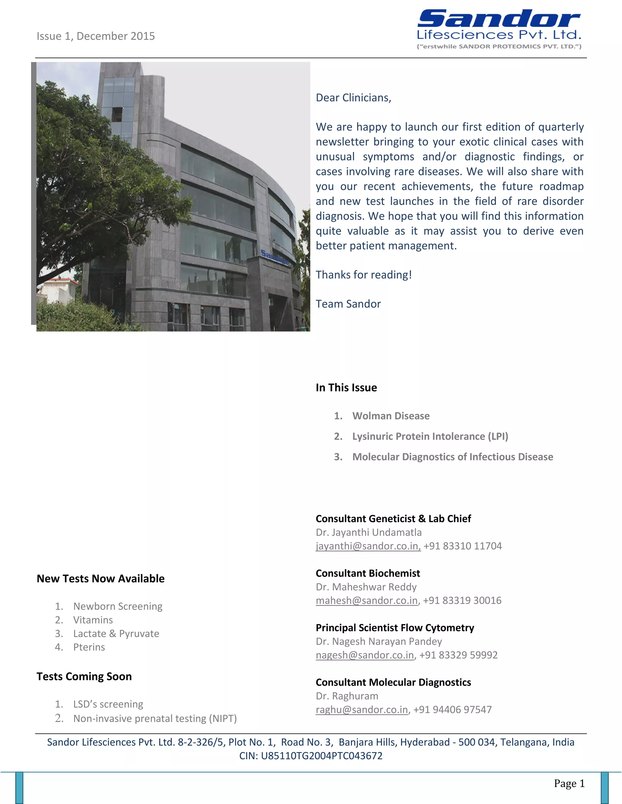 Sandor Lifesciences Newsletter Issue 1 | PDF