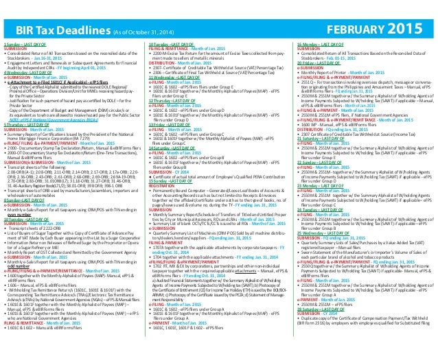 2015 BIR Tax Calendar