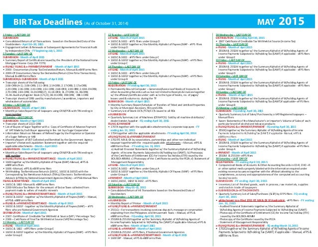 2015 BIR Tax Calendar