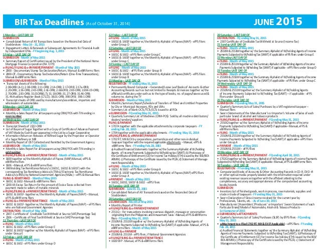 2015 BIR Tax Calendar