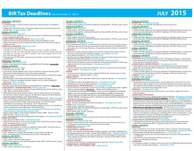 2015 BIR Tax Calendar