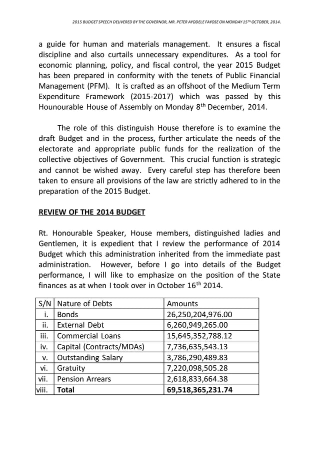 2015 Budget Speech Delivered by the Executive Governor of Ekiti State | DOCX