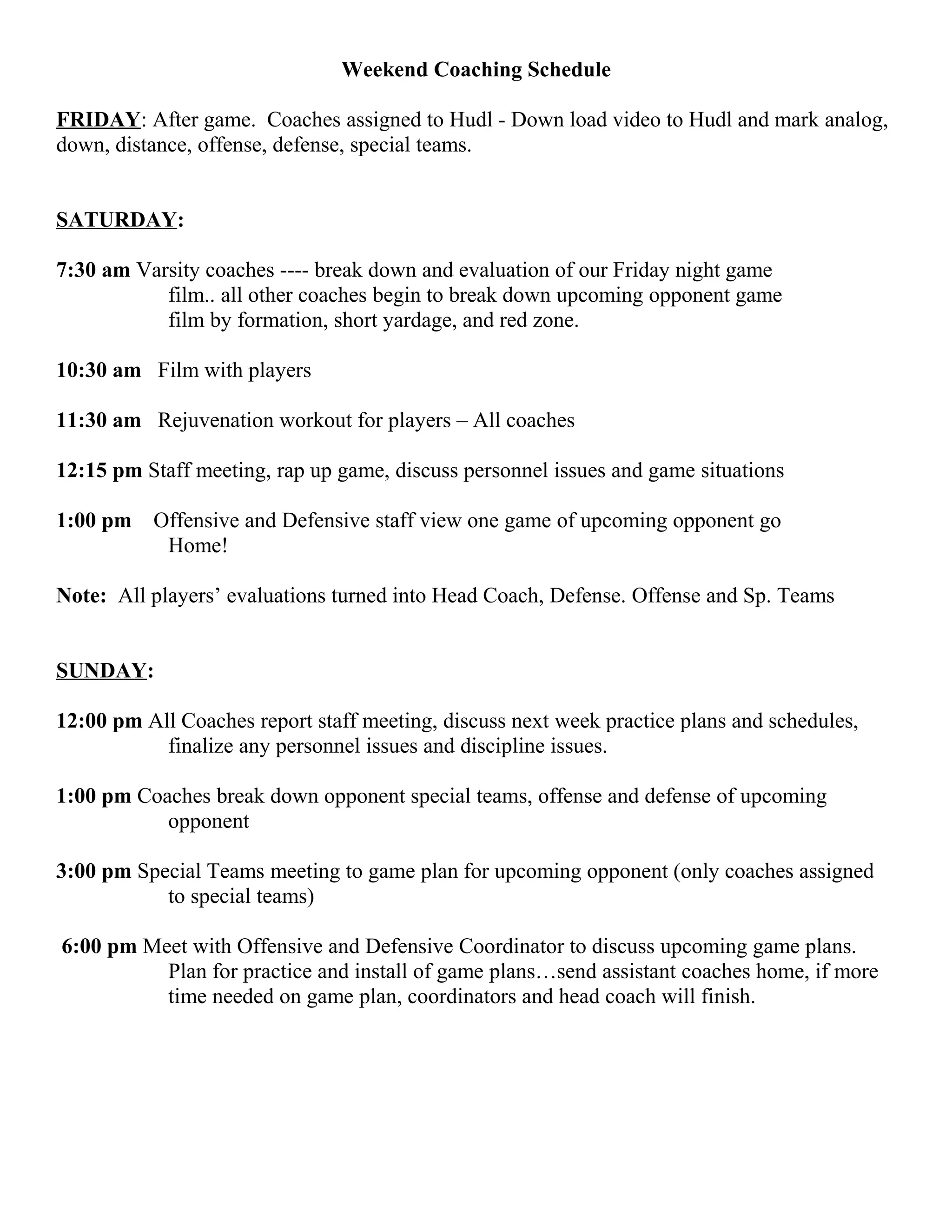 Football Coaches Weekend and Weekly Schedule | DOC