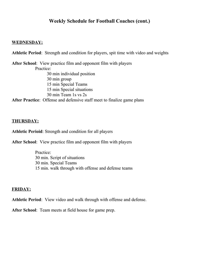 Football Coaches Weekend and Weekly Schedule | DOC