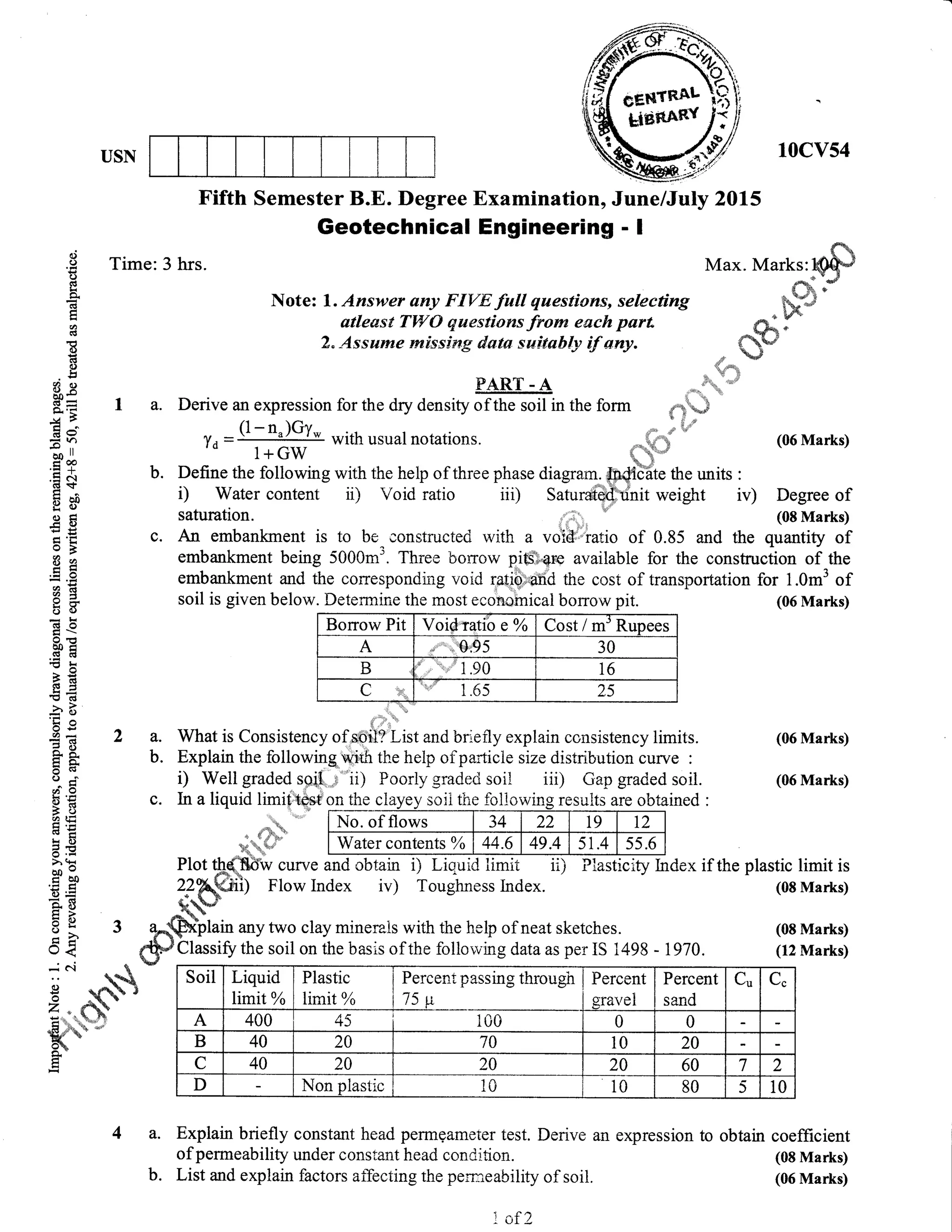 5th Semester (June; July-2015) Civil Engineering Question Paper | PDF