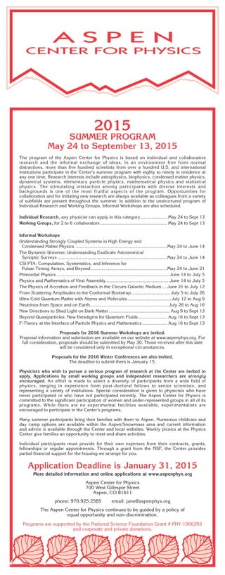 PHYSICS IN ASPEN: SIMONS FOUNDATION GRANT Attend workshops in ...