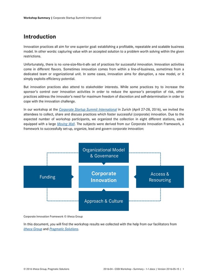 CSSI - Corporate Innovation Workshop - Summary | PDF