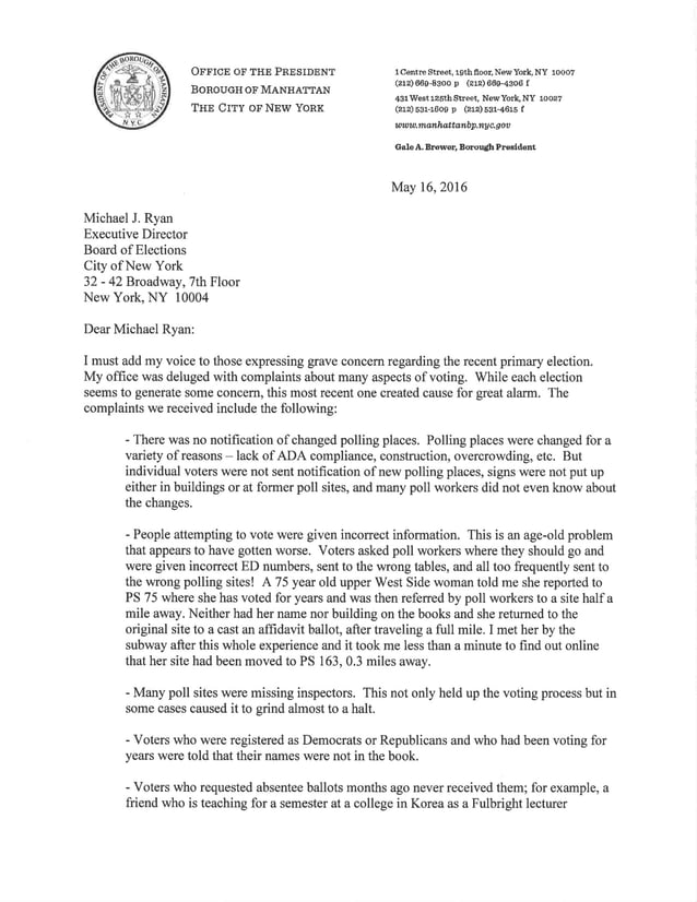 Letter of Concern to Board of Elections Regarding Voters' Problems ...