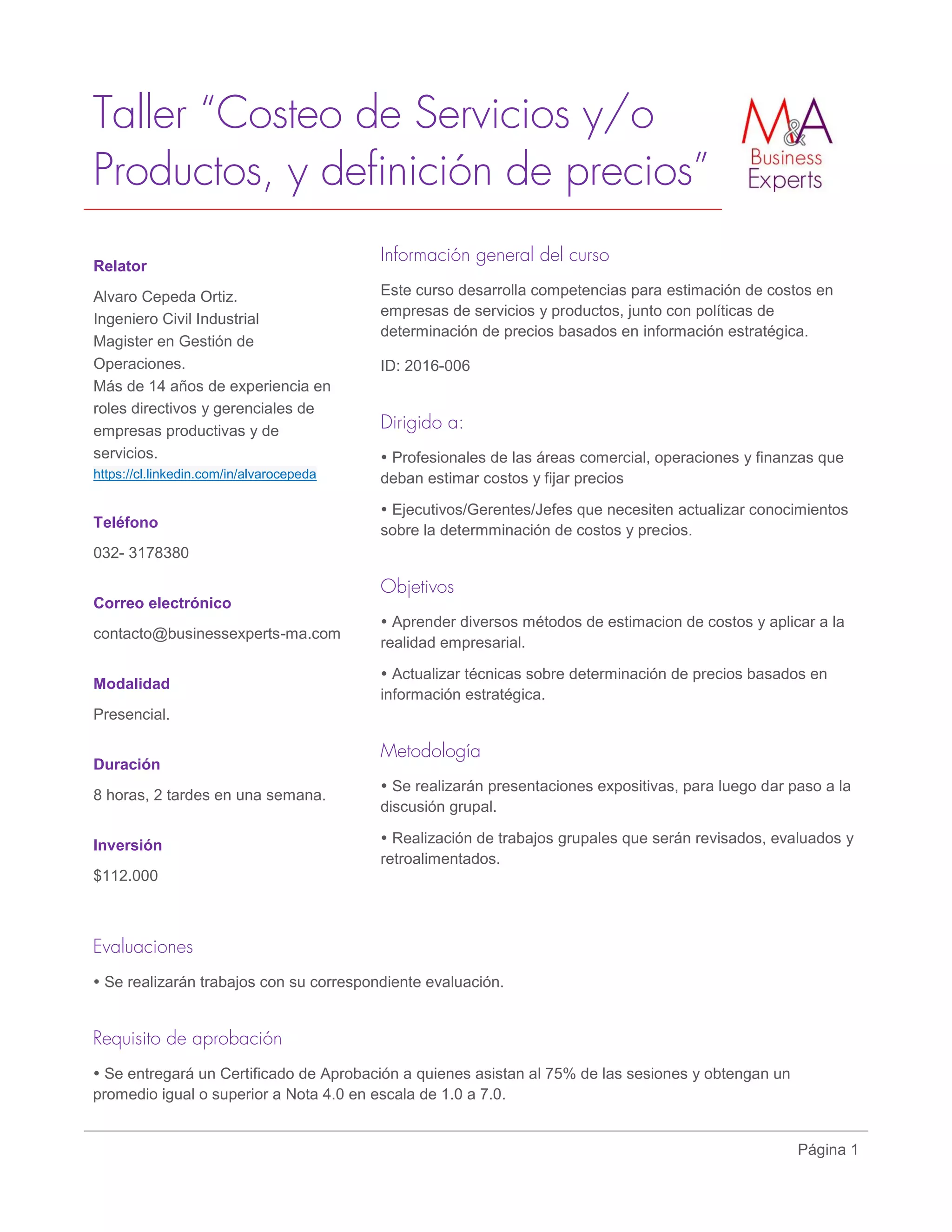 Taller de costeo y fijación de precios | PDF