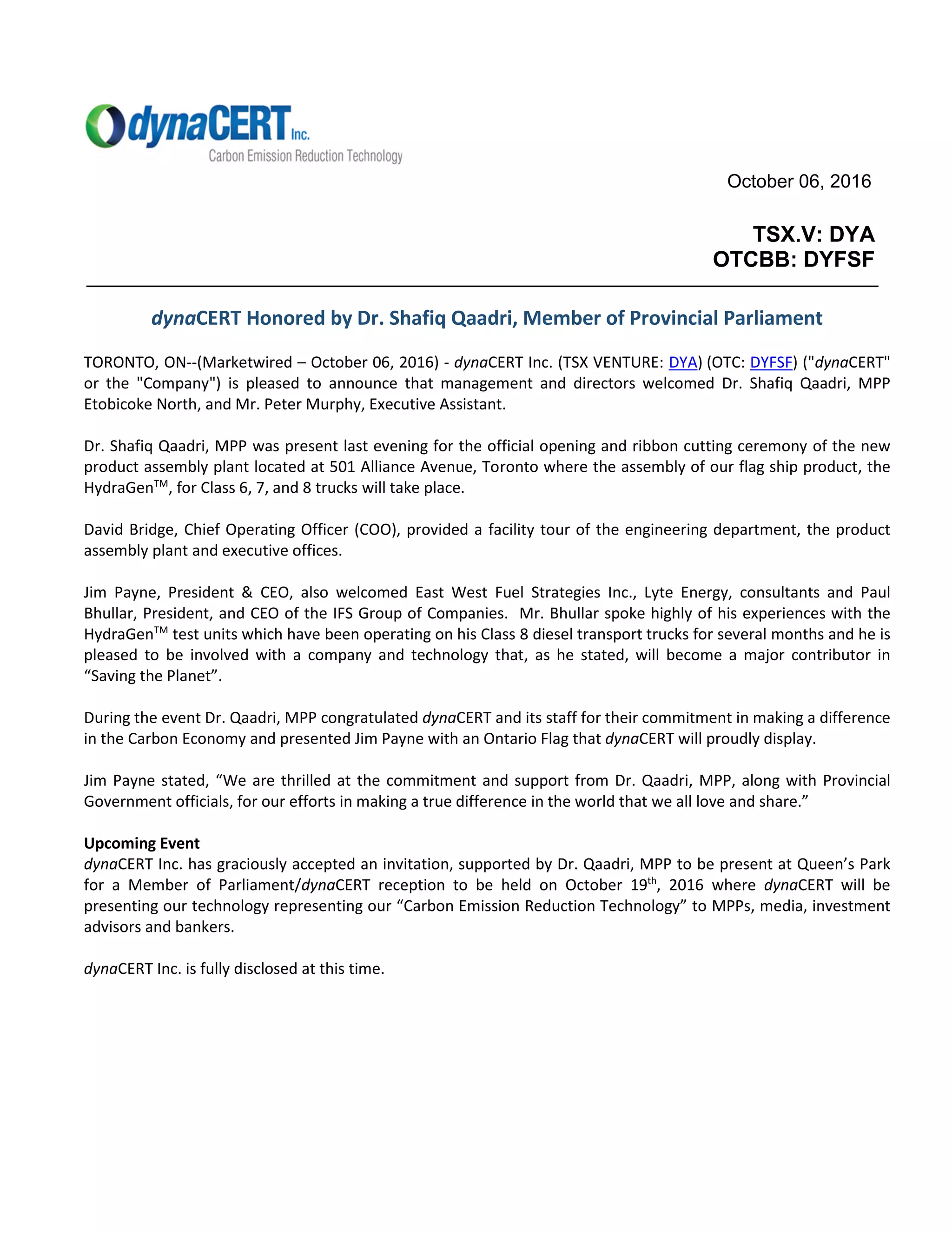 dynaCERT 2016 October 06 Press Release | PDF