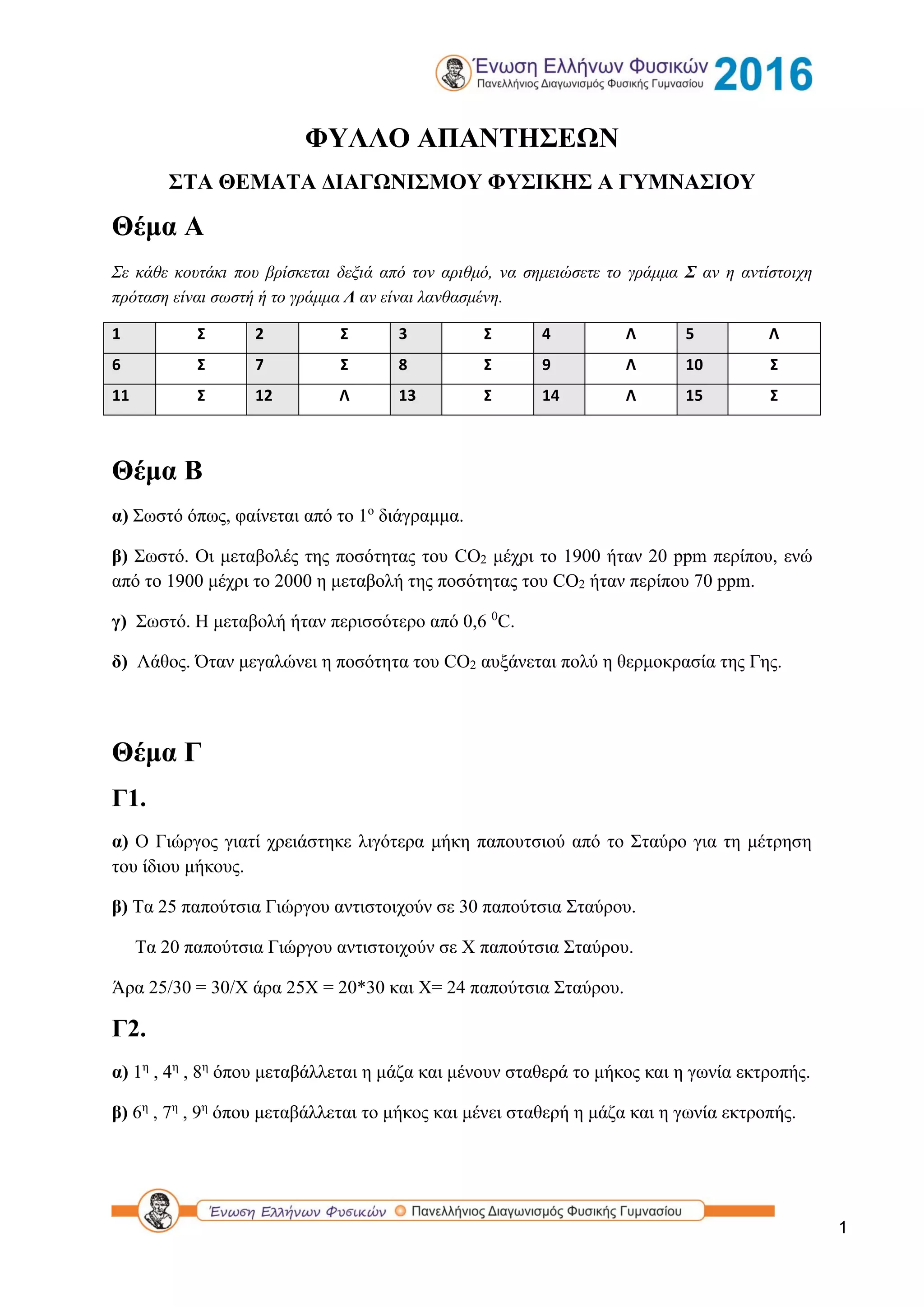 Πανελλήνιος Διαγωνισμός Φυσικής 2016 - Α' Γυμνασίου (ΛΥΣΕΙΣ) | PDF