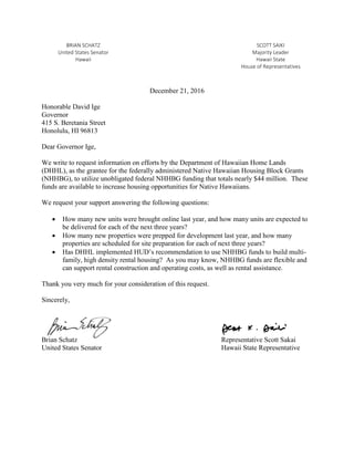 Letter from Schatz, Saiki to Ige, DHHL | PDF