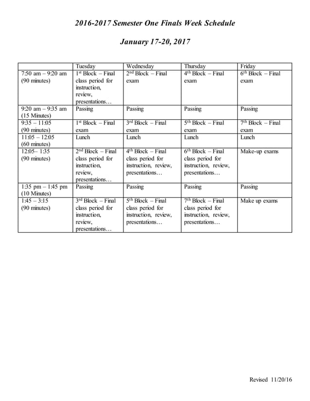 2016 2017 semester one finals week schedule | PDF