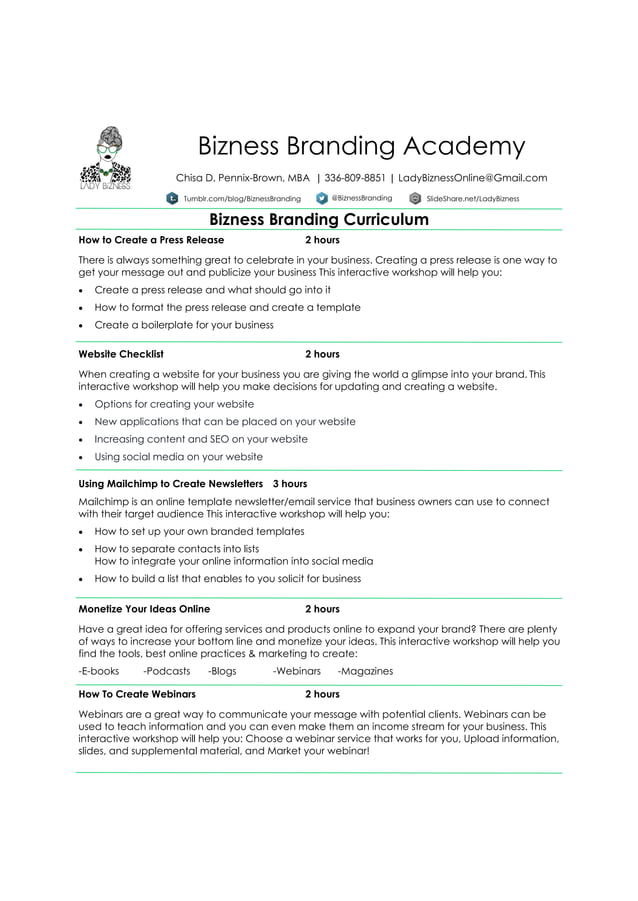 2016 Bizness Branding Academy Curriculum | PDF