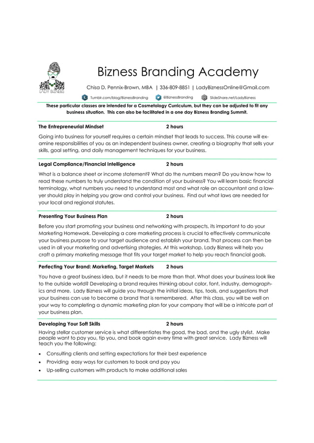 2016 Bizness Branding Academy Curriculum | PDF