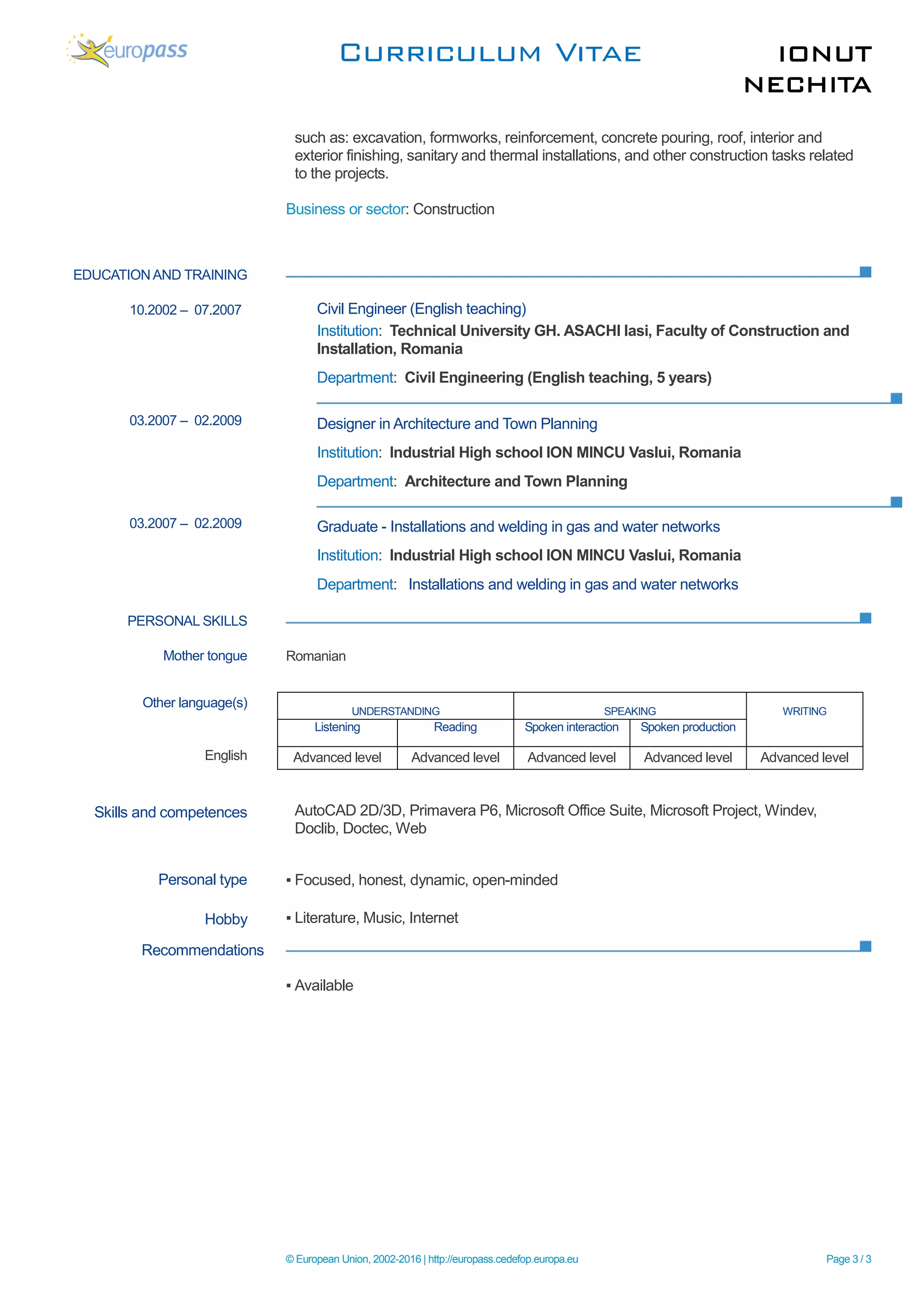 CV Ionut Nechita | PDF | Civil Engineering Industry | Industries