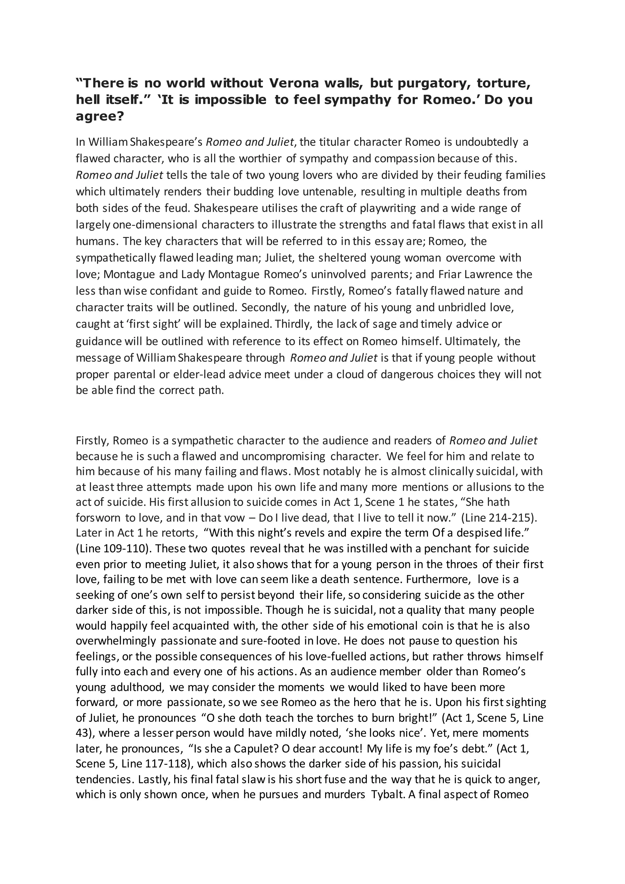 It is impossible to feel sympathy for Romeo - Romeo and Juliet - text ...