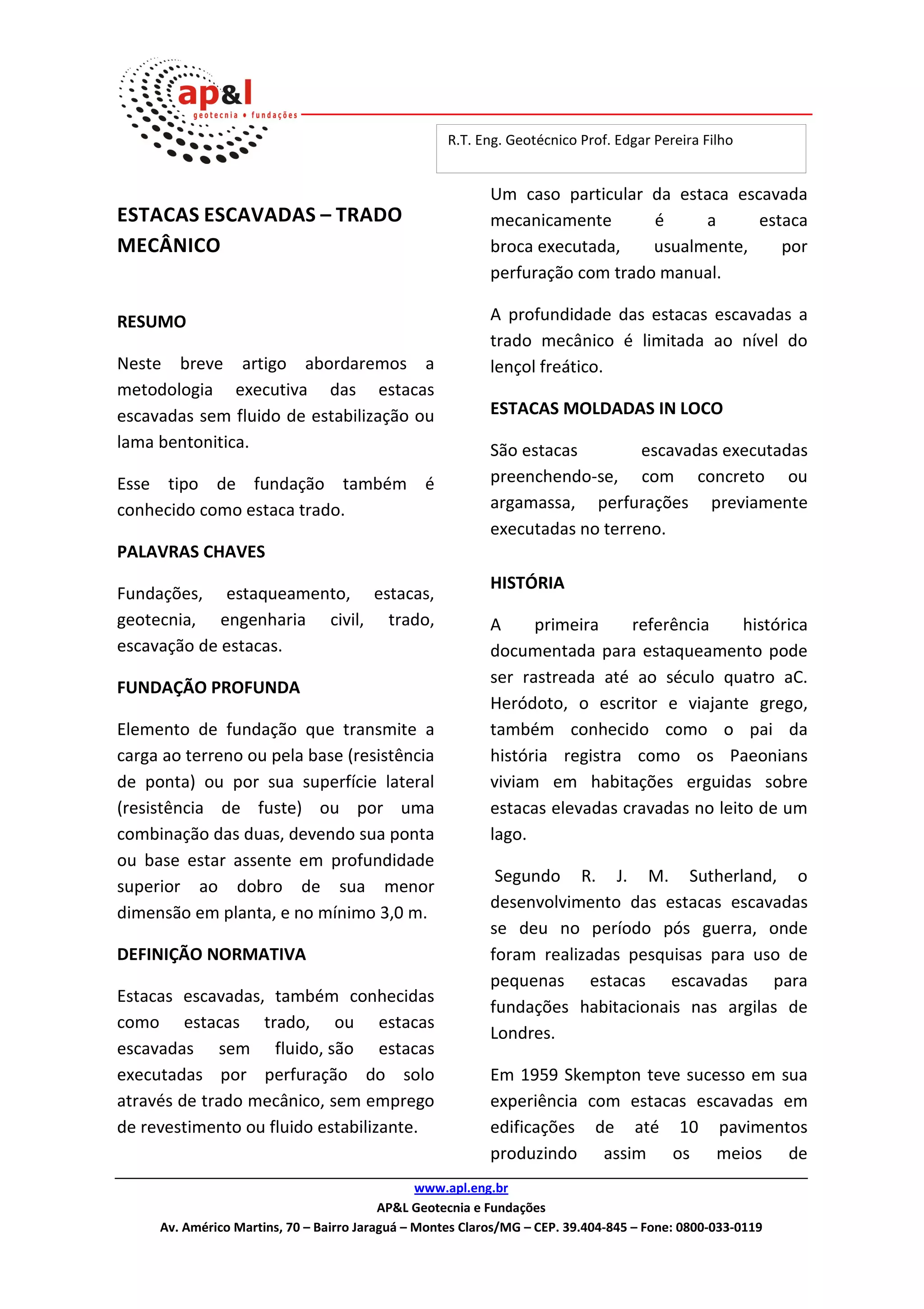 Metodologia Executiva de Estacas Escavadas do tipo Trado Mecanizado | PDF