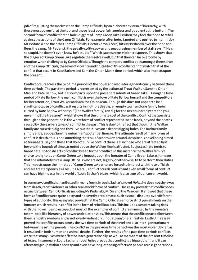 Holes Essay Exemplar - Louis Sachar's views on Conflict | DOCX | Crime ...