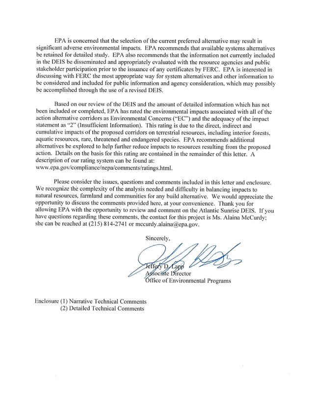 EPA Letter to FERC re Atlantic Sunrise Pipeline Project | PDF