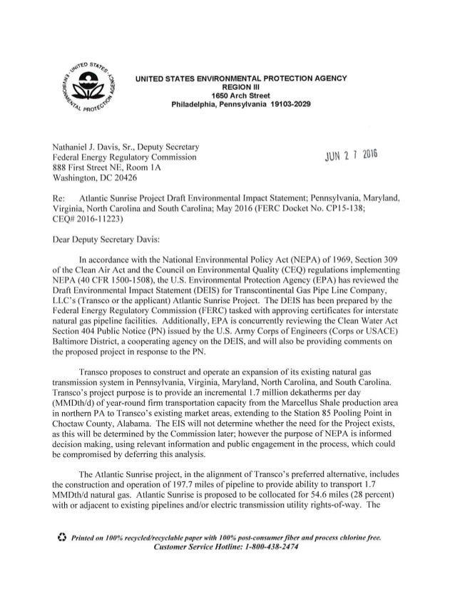 EPA Letter to FERC re Atlantic Sunrise Pipeline Project