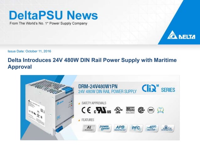 Delta Introduces 24V 480W DIN Rail Power Supply with Maritime Approval ...