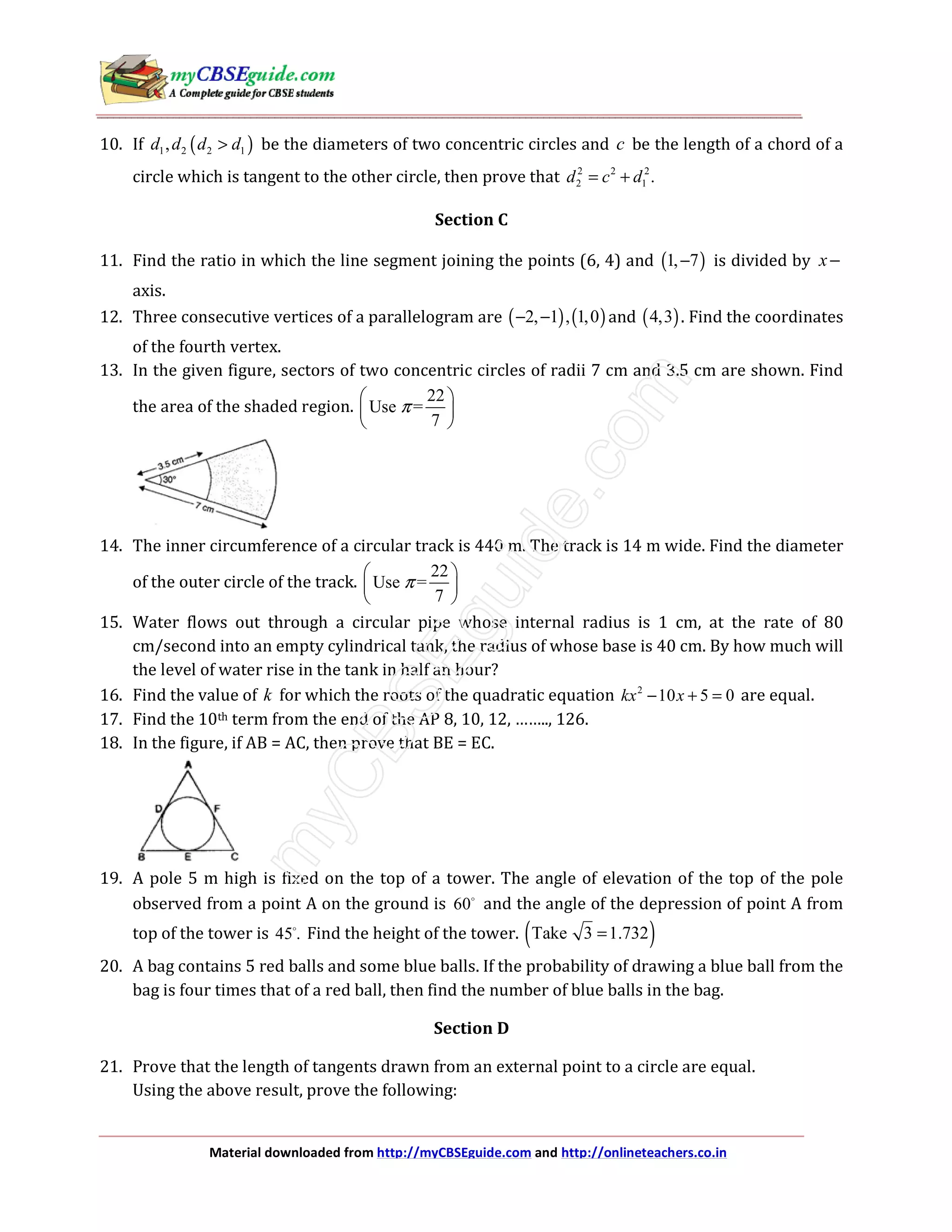 2016 10 mathematics_sample_paper_sa2_01 | PDF | Physics | Science