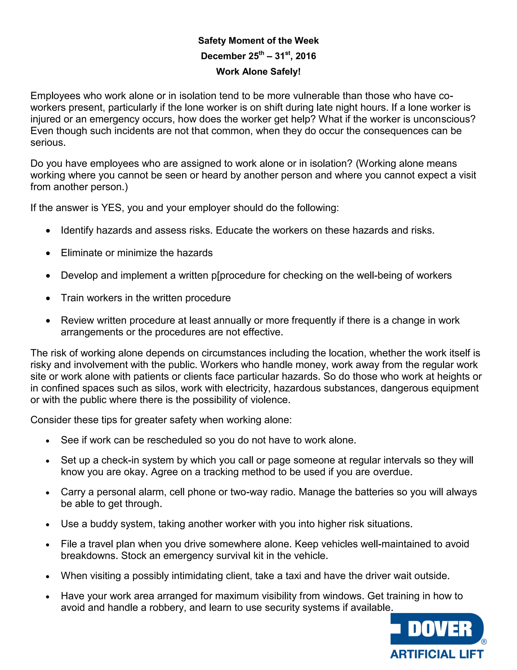 Dover ALS Safety Moment of the Week 26-Dec-2016 | PDF
