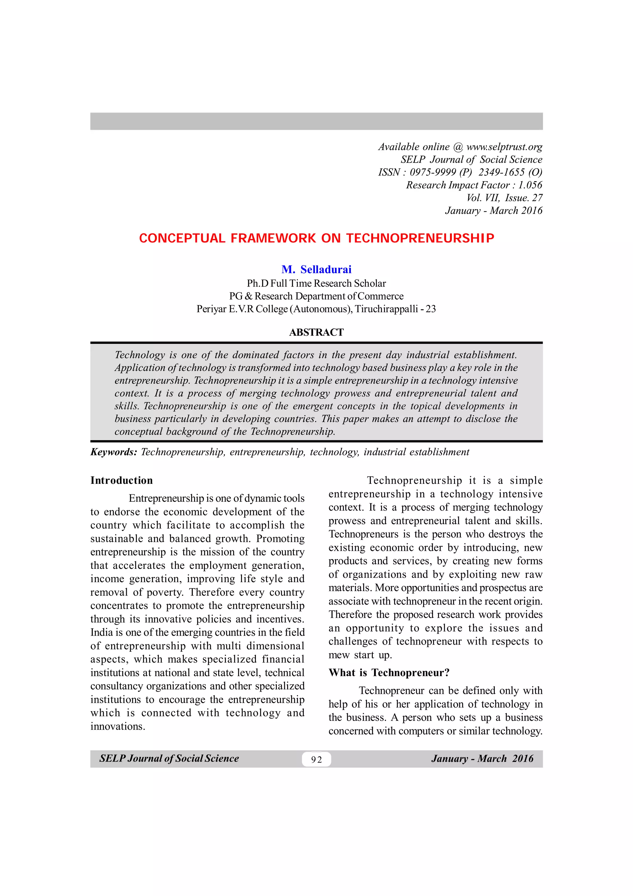 Conceptual Framework on Technopreneurship | PDF