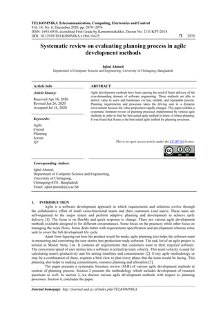 Systematic review on evaluating planning process in agile development methods | PDF | Computer ...