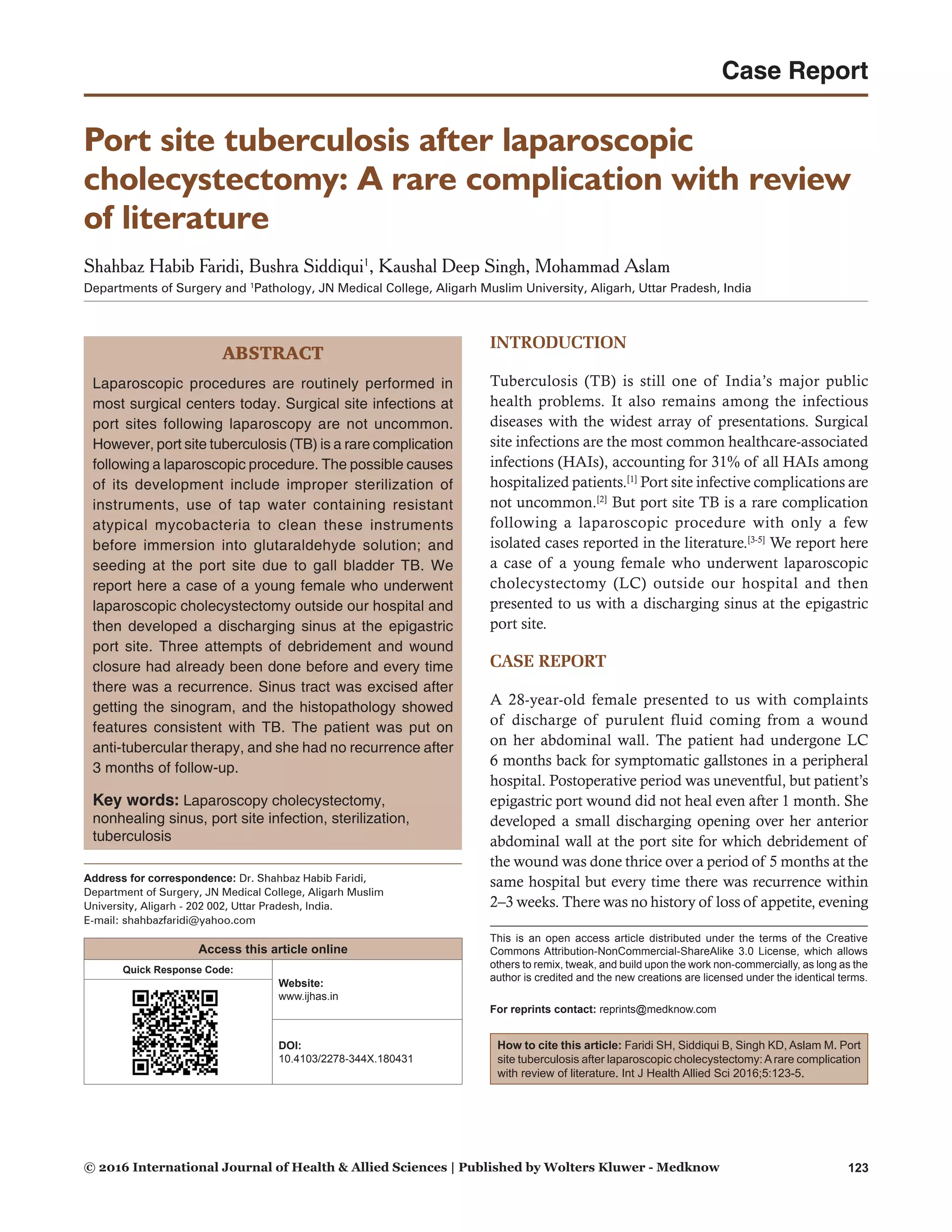 Port site tuberculosis after laparoscopic cholecystectomy | PDF