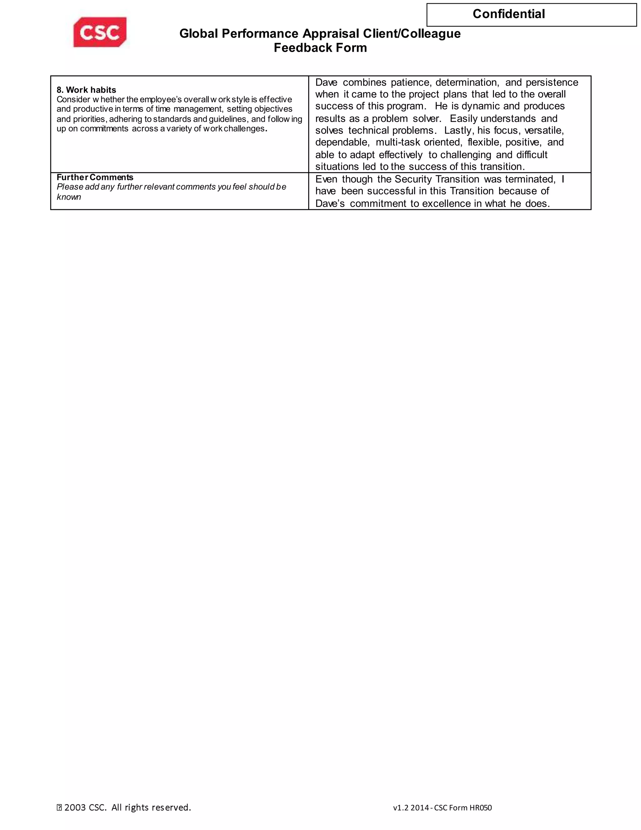 FY14 HR50 FORM Colleague Feedback Form v1.02 David Sanchez | PDF