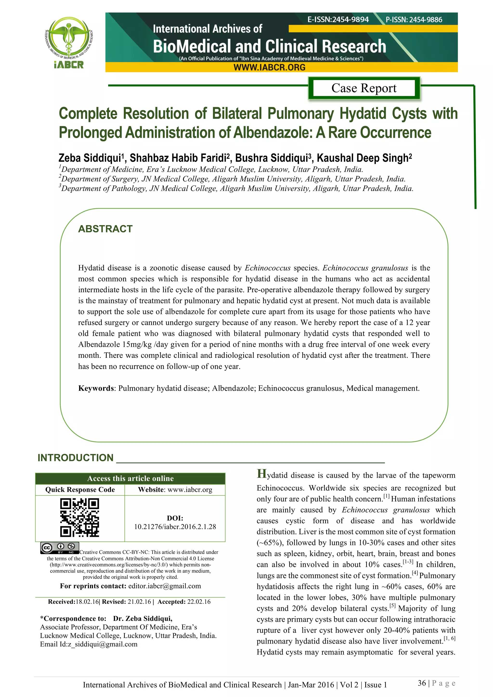 Complete resolution of bilateral pulmonary hydatid cysts | PDF