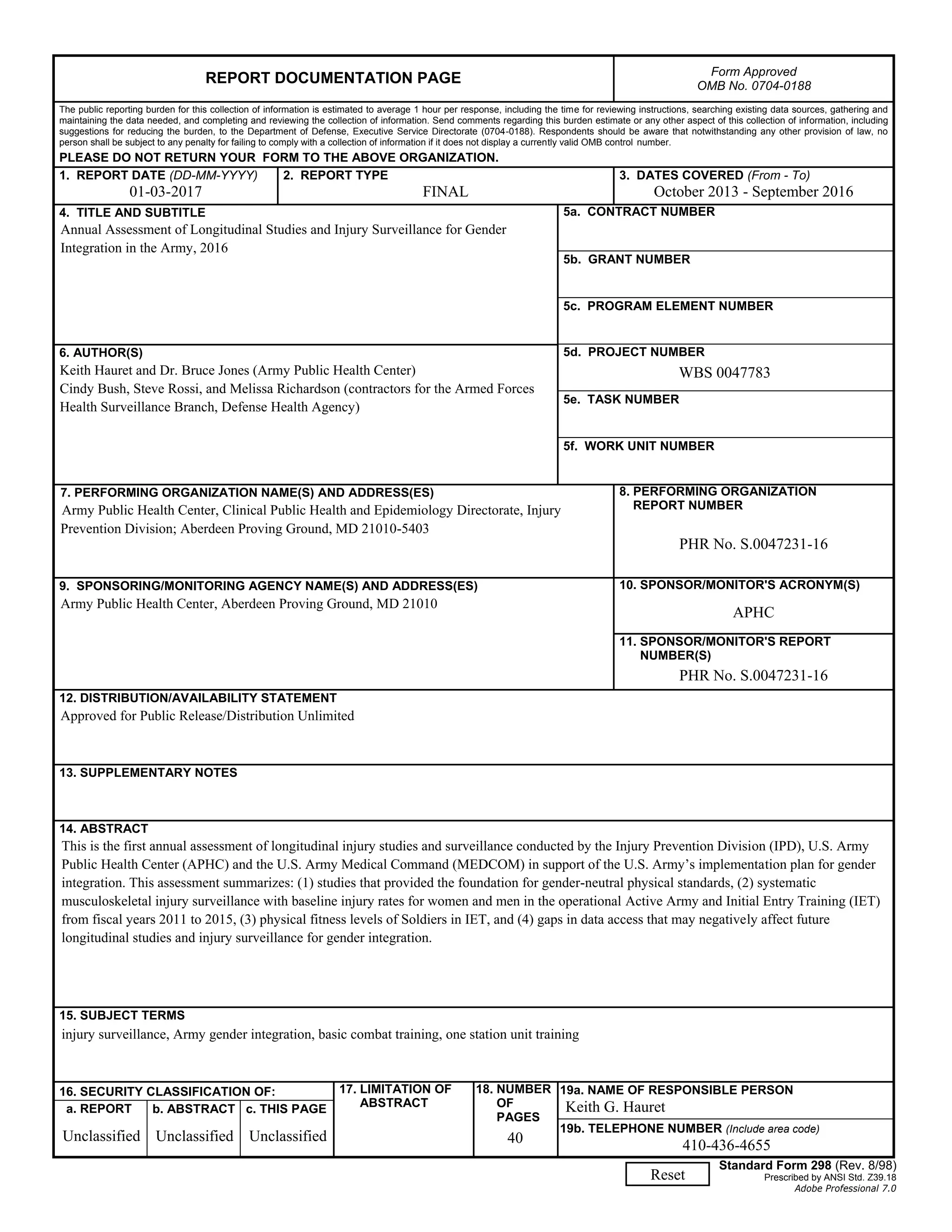 Annual Assessment of Longitudinal Studies and Injury Surveillance for ...