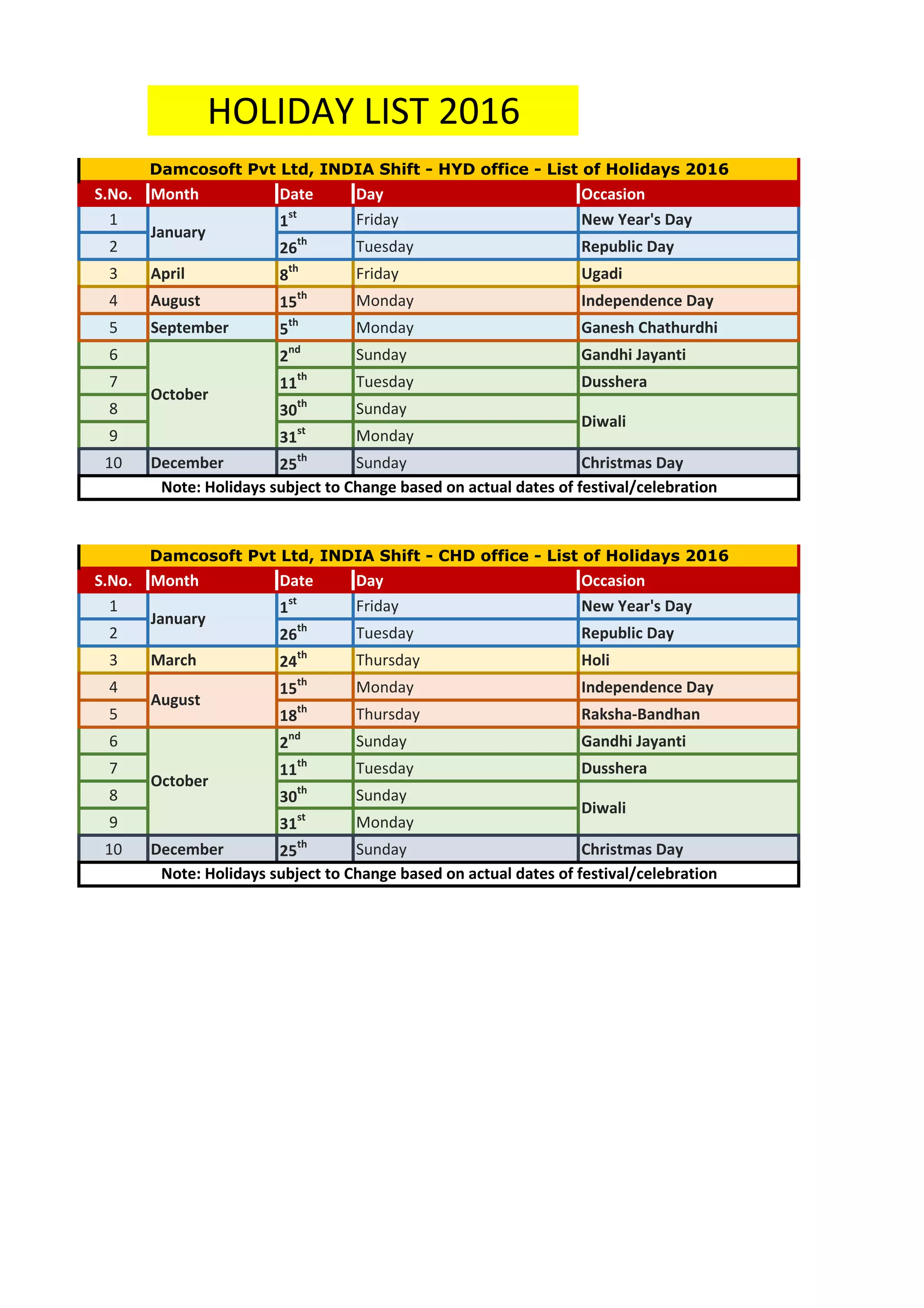 2016 holiday list damcosoft | PDF