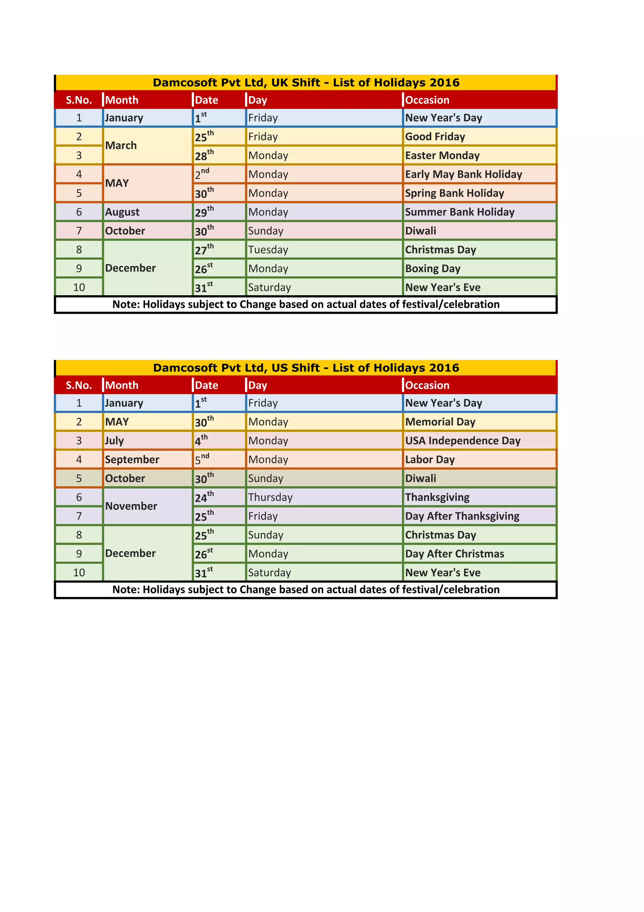 2016 holiday list damcosoft | PDF