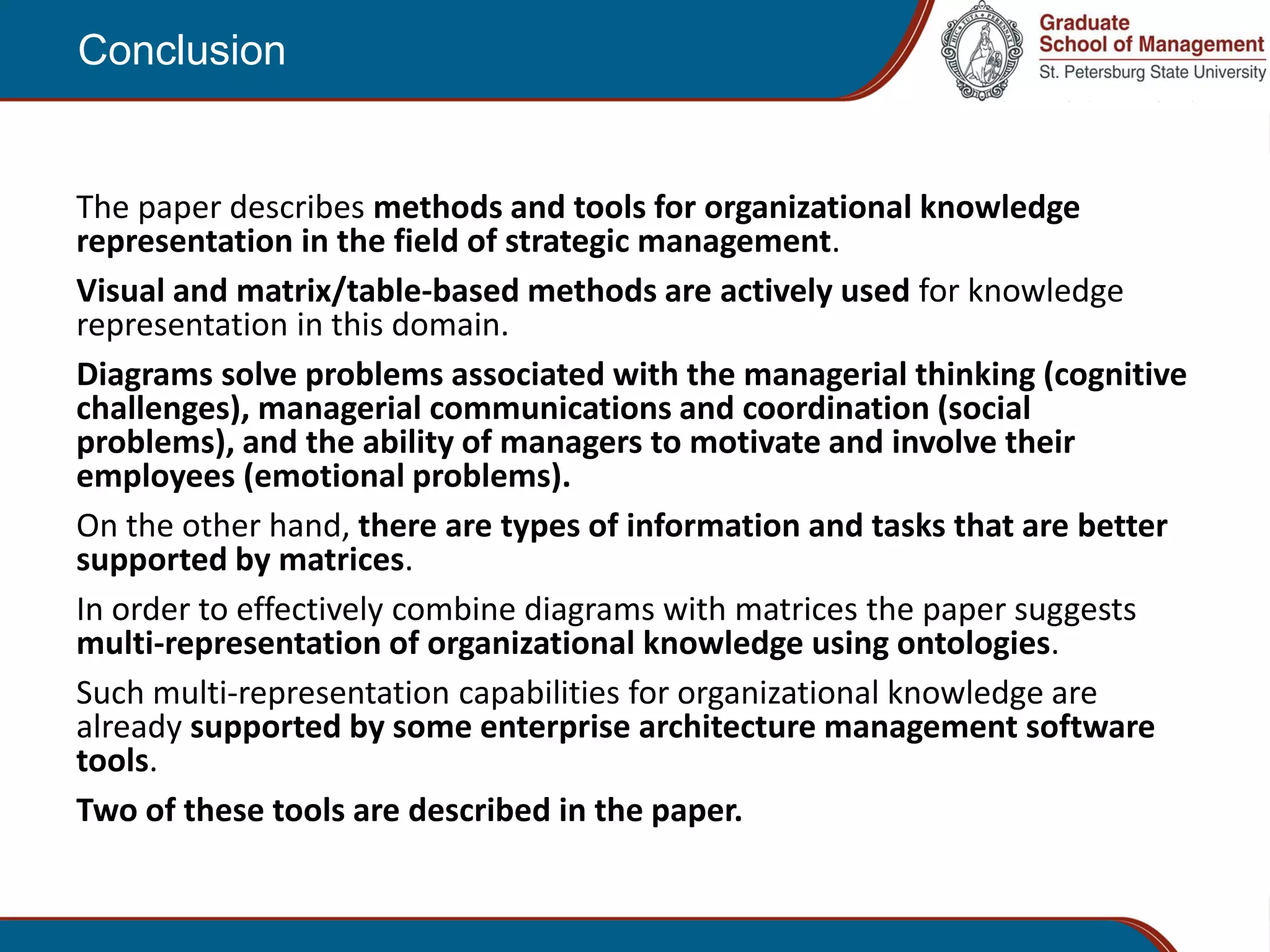 Representing strategic organizational knowledge via diagrams, matrices and ontologies | PDF