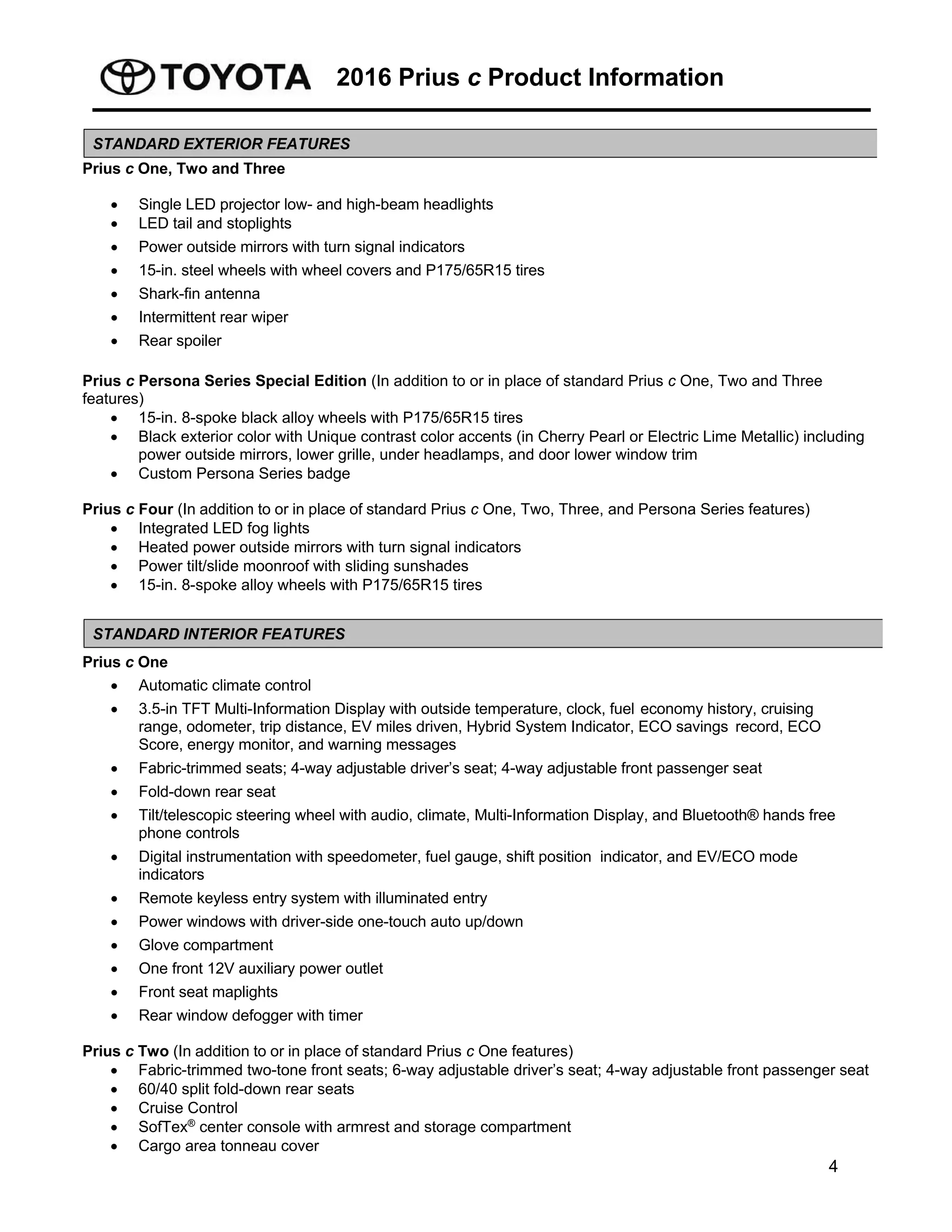 2016 toyota prius c product information | PDF