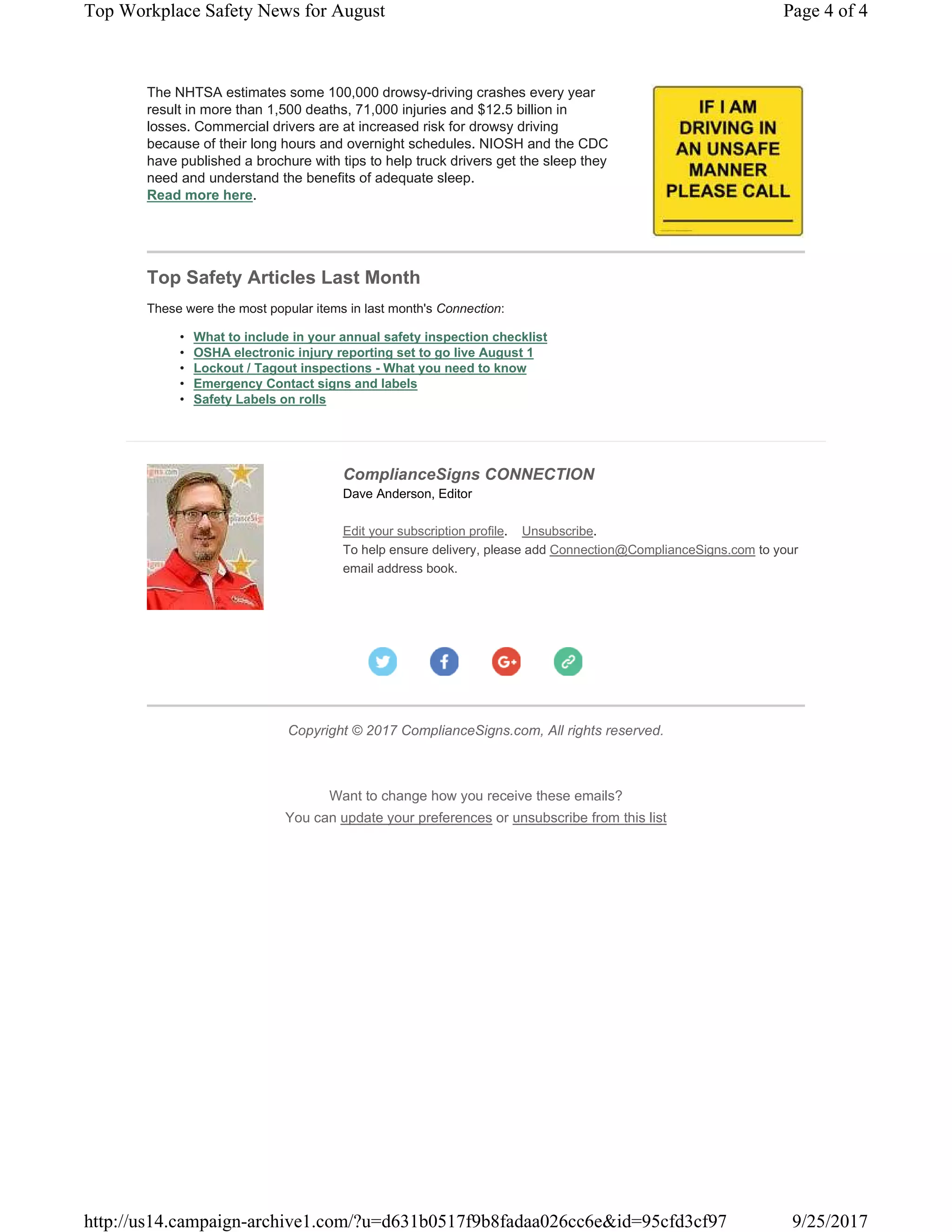August 2017 ComplianceSigns Connection Workplace Safety Newsletter | PDF