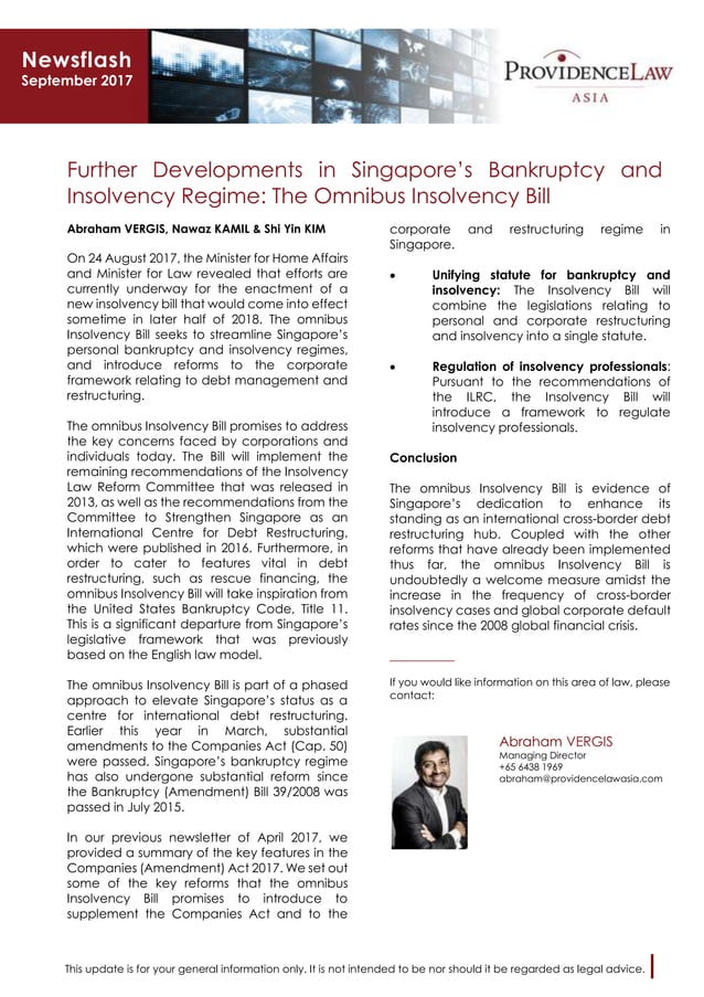 Further Developments in Singapore's Bankruptcy and Insolvency Regime: The Omnibus Insolvency ...
