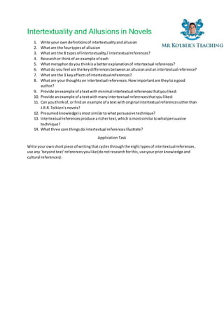 Allusions and Intertextual References in Novels - Student Task Sheet | PDF