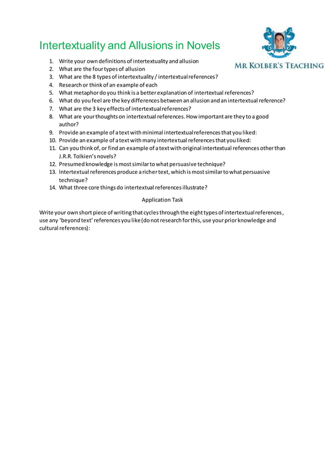 Allusions and Intertextual References in Novels - Student Task Sheet | PDF