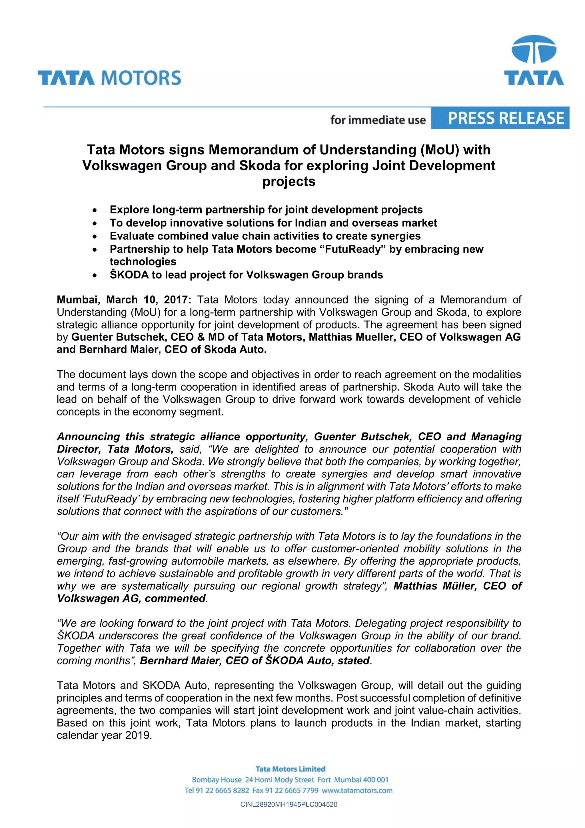 Tata Volkswagen MoU - Press Release | PDF