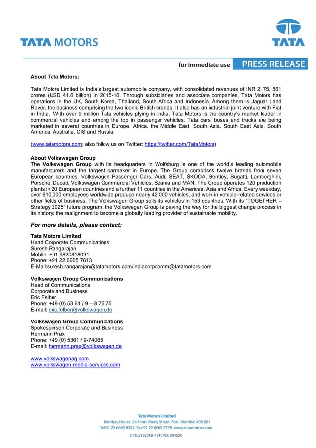 Tata Volkswagen MoU - Press Release | PDF