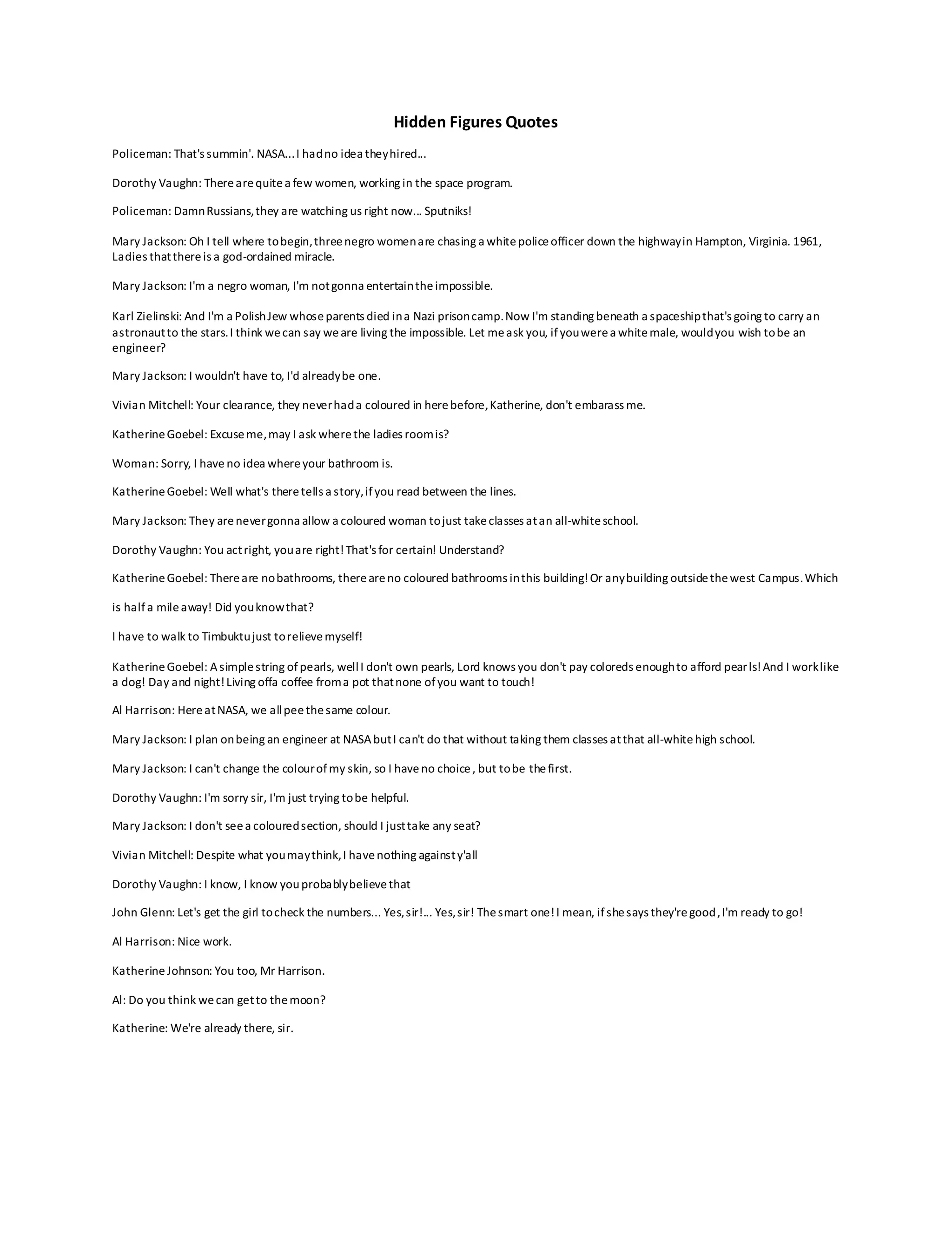 Hidden Figures Key quotes for essay writing | PDF
